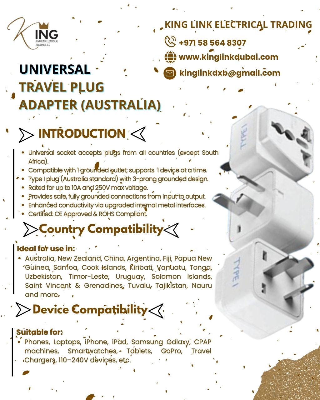 Universal Input Type L Travel Plug Adapter - KING LINK ELECTRICAL ...